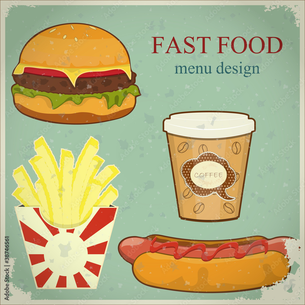 vintage fast food menu - the food on blue grunge background Stock ...