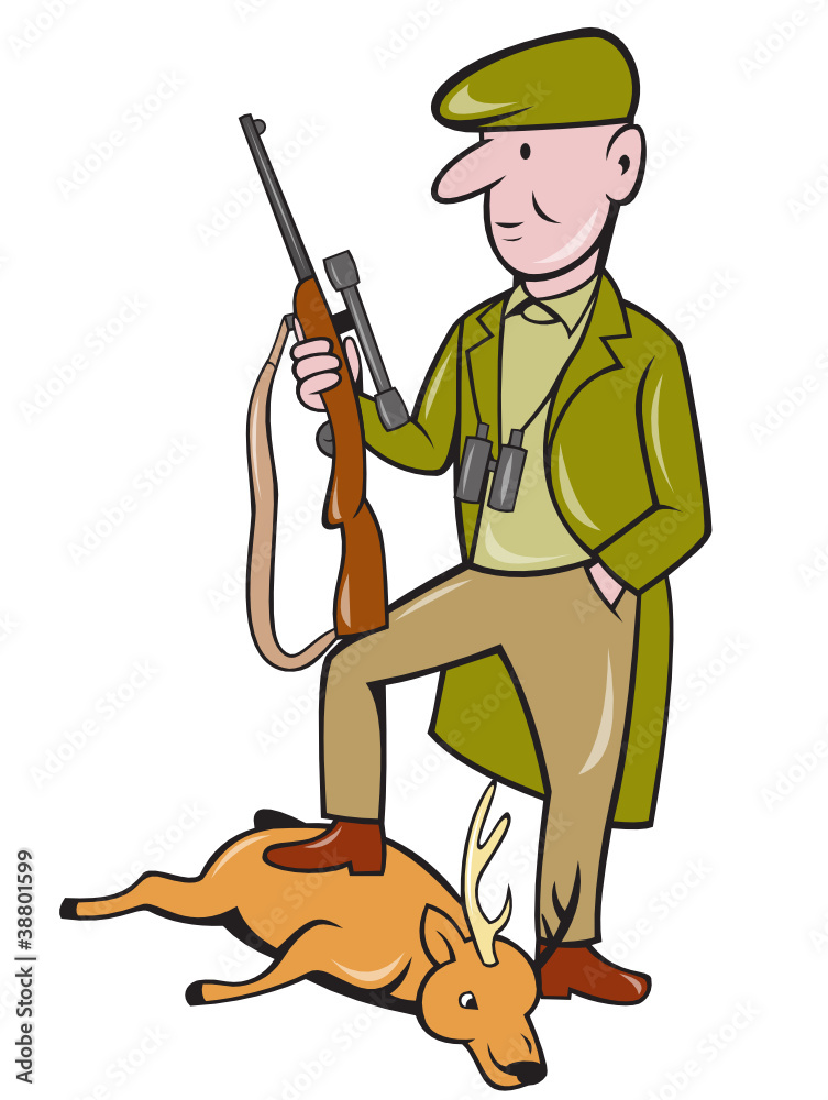 Cartoon Hunter With Rifle Standing on Deer Stock Vector | Adobe Stock