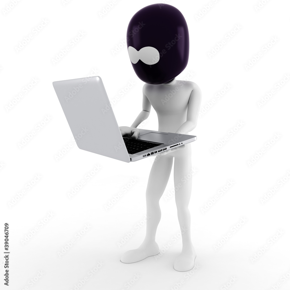 3d man hacker, stealing data from a laptop Stock Photo | Adobe Stock