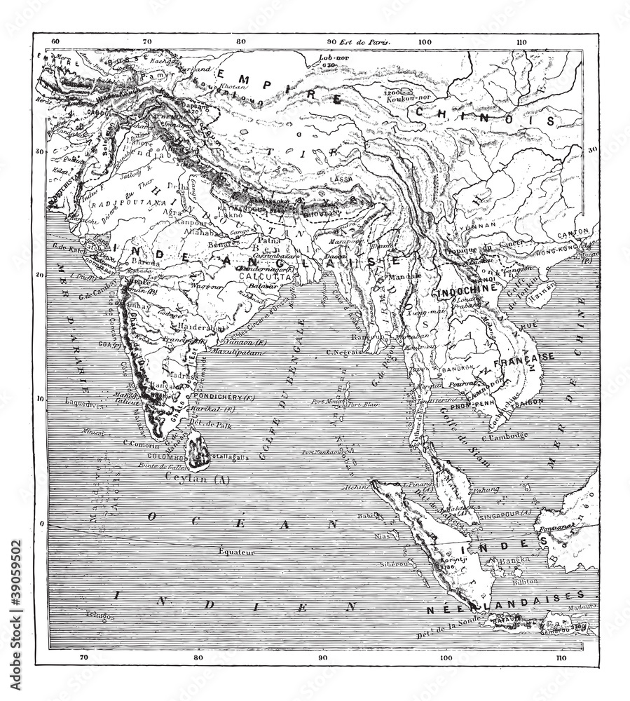 Map of India and Indochina vintage engraving Stock Vector | Adobe Stock