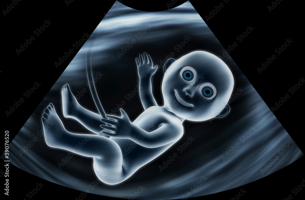 Ultrasound image of funny baby in mother's womb. 3d render Stock ...