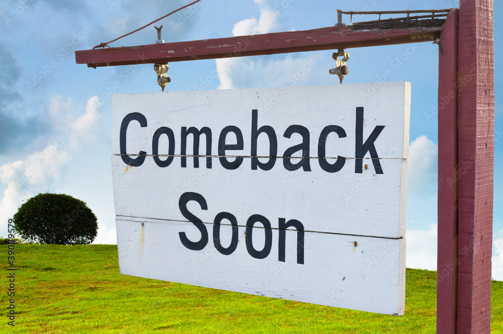 Come back soon wood sign with hill and sky Stock Photo | Adobe Stock