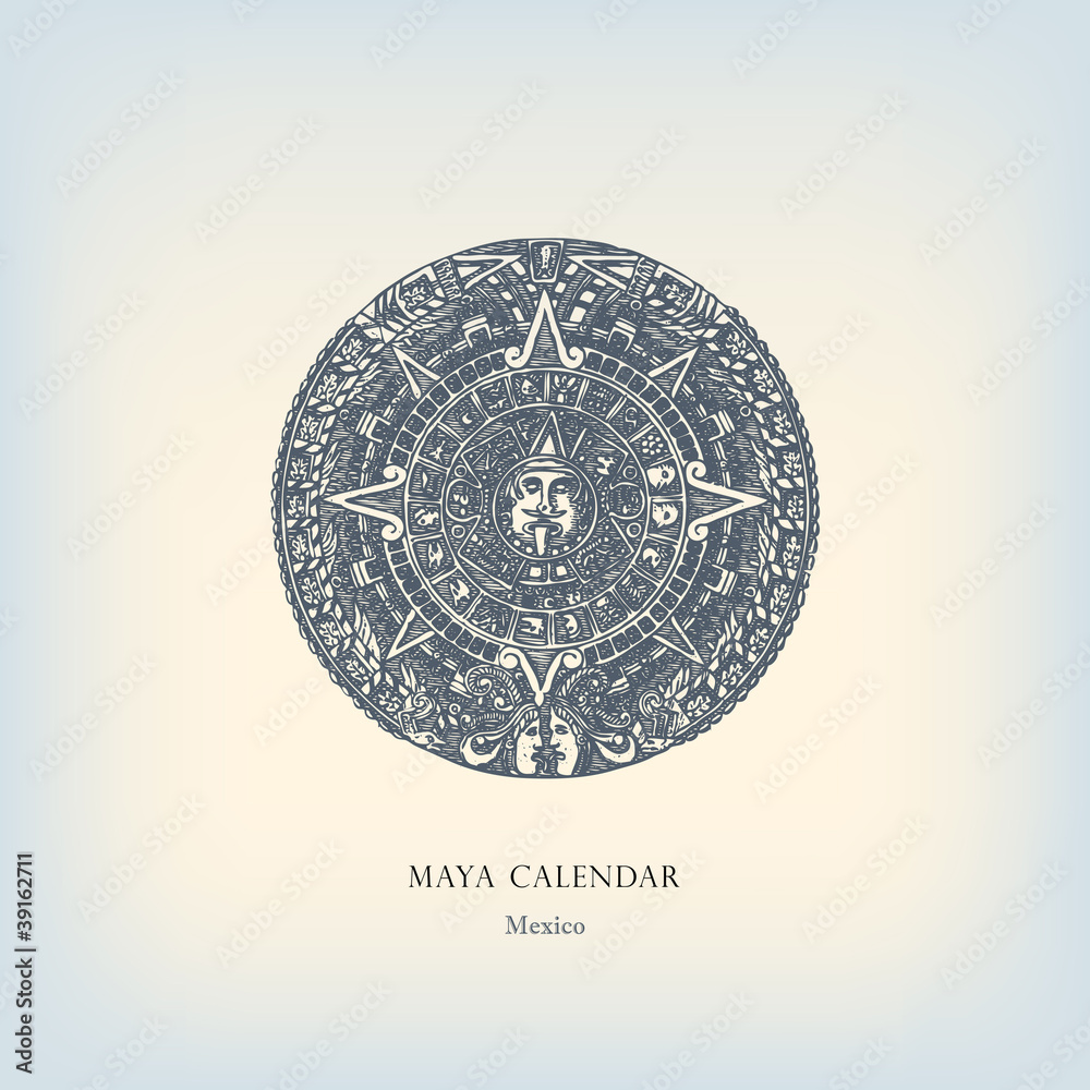 Engraving vintage Maya calendar illustration. Stock Vector | Adobe Stock