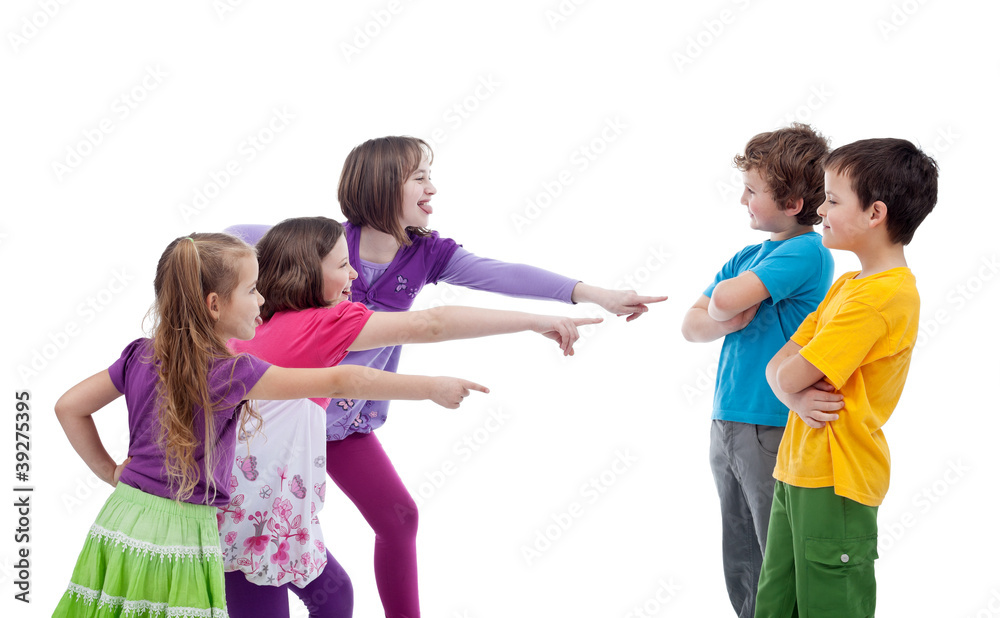 Girls mocking boys - school bullying concept Stock Photo | Adobe Stock