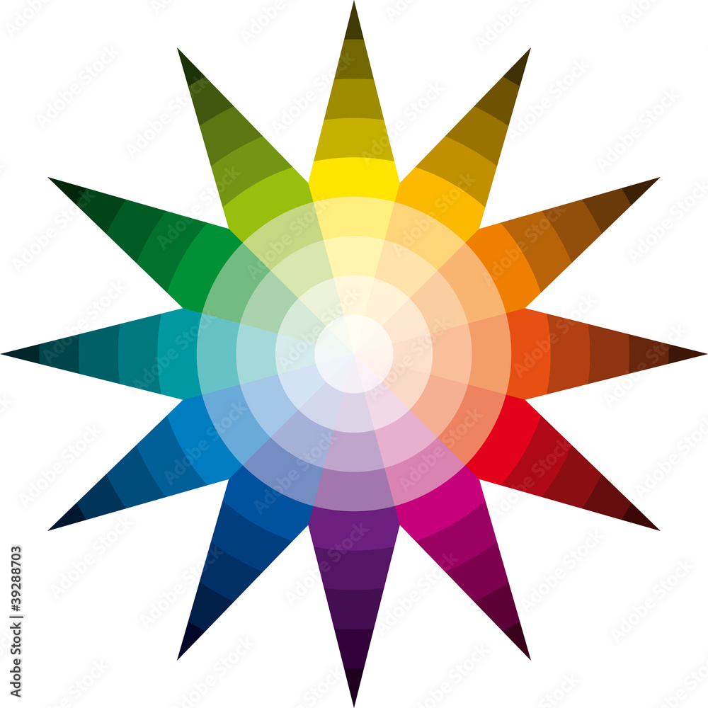 Color star. Twelve basic colors in a circle, forming a star, graduated ...