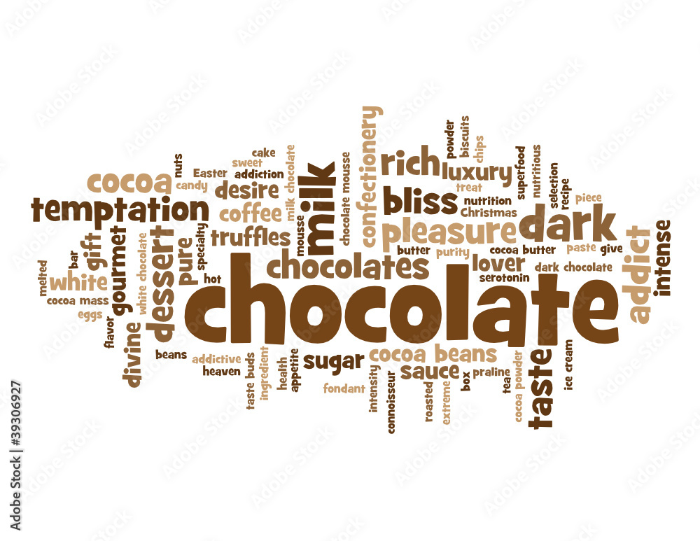 "CHOCOLATE" Tag Cloud (dark cocoa dessert pleasure cake mousse) Stock ...