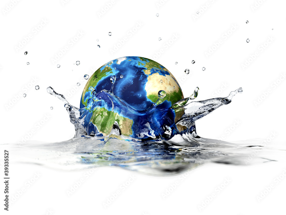 Planet Earth, falling into clear water, forming a crown splash. Stock ...