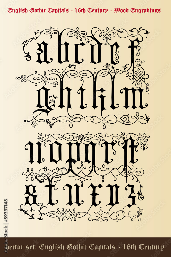 English Gothic Capitals - 16th Century - Wood Engravings Stock Vector ...