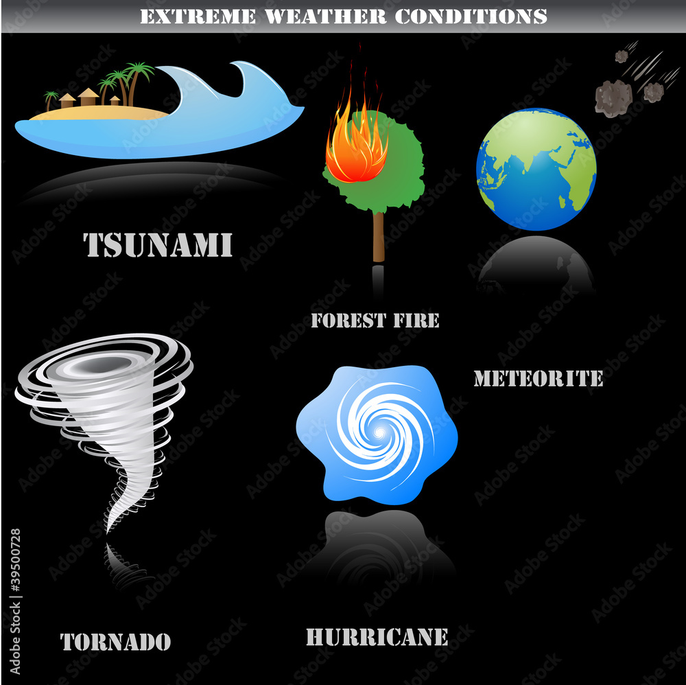 Extreme weather icons set isolated on black Stock Vector | Adobe Stock