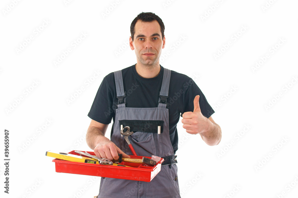 Handwerker mit Werkzeugkiste und Daumen hoch Stock Photo | Adobe Stock