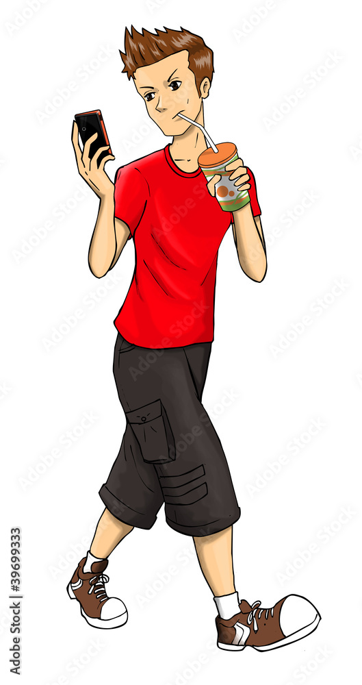 Cartoon illustration of a teenager holding a cellular phone Stock ...