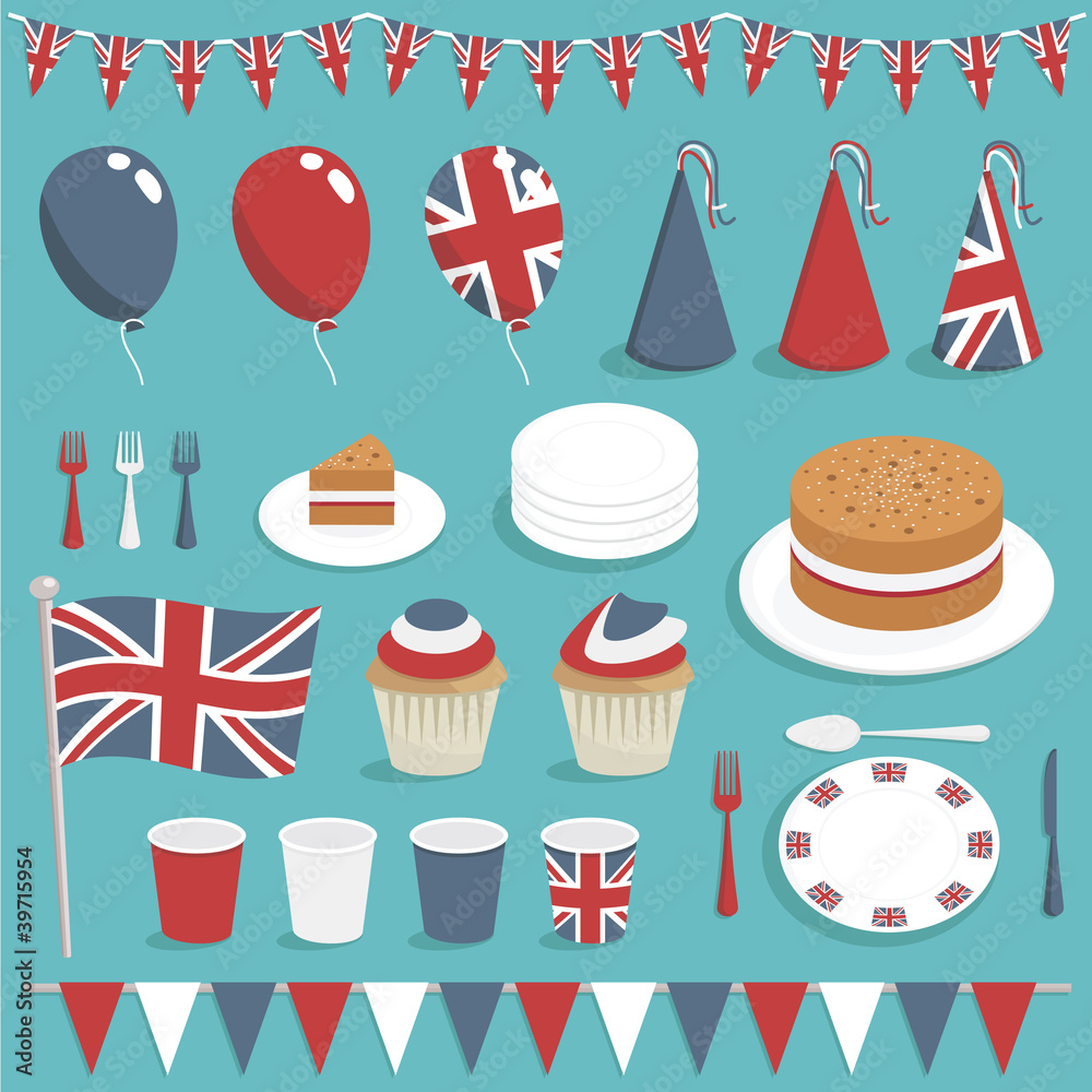 Set of vector United Kingdom party clipart with UK bunting, balloons ...