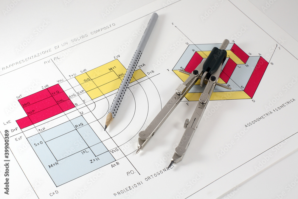 Foto Stock disegno tecnico a colori con compasso e matita | Adobe Stock