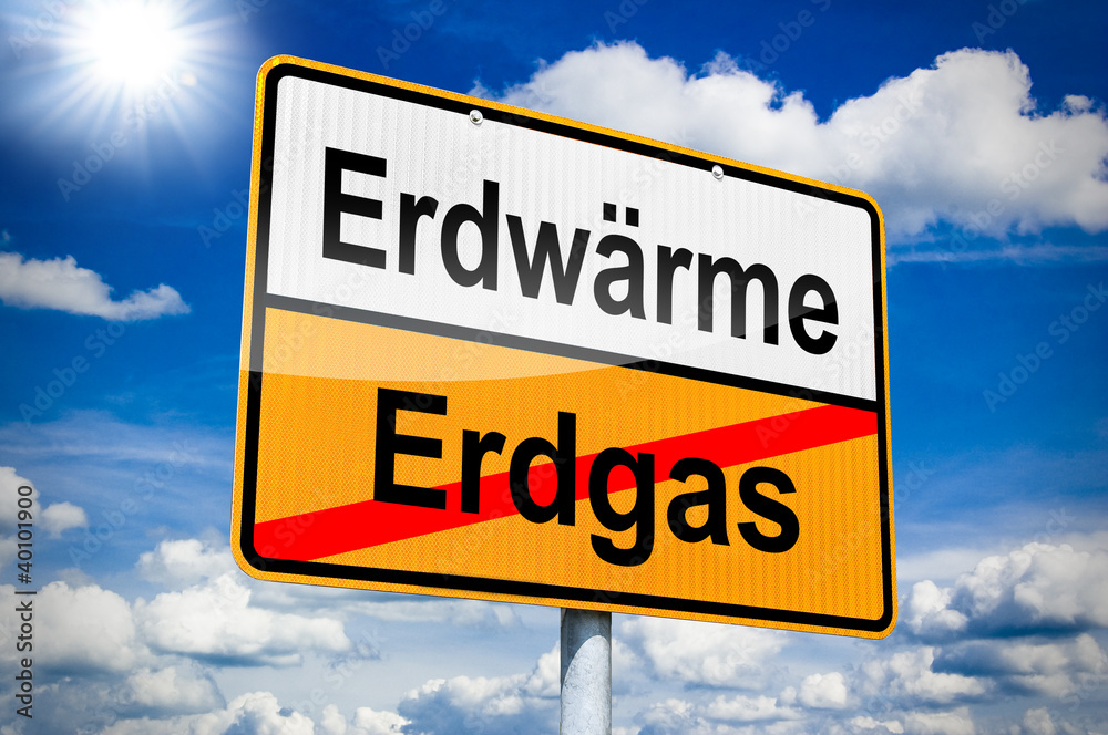 Ortseingangsschild mit Erdwärme und Erdgas Stock Photo | Adobe Stock