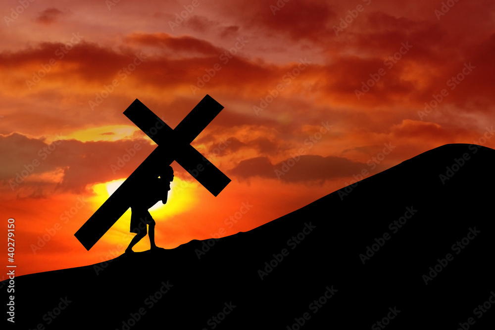 Christian background - man carrying a cross up hill Stock Photo | Adobe ...