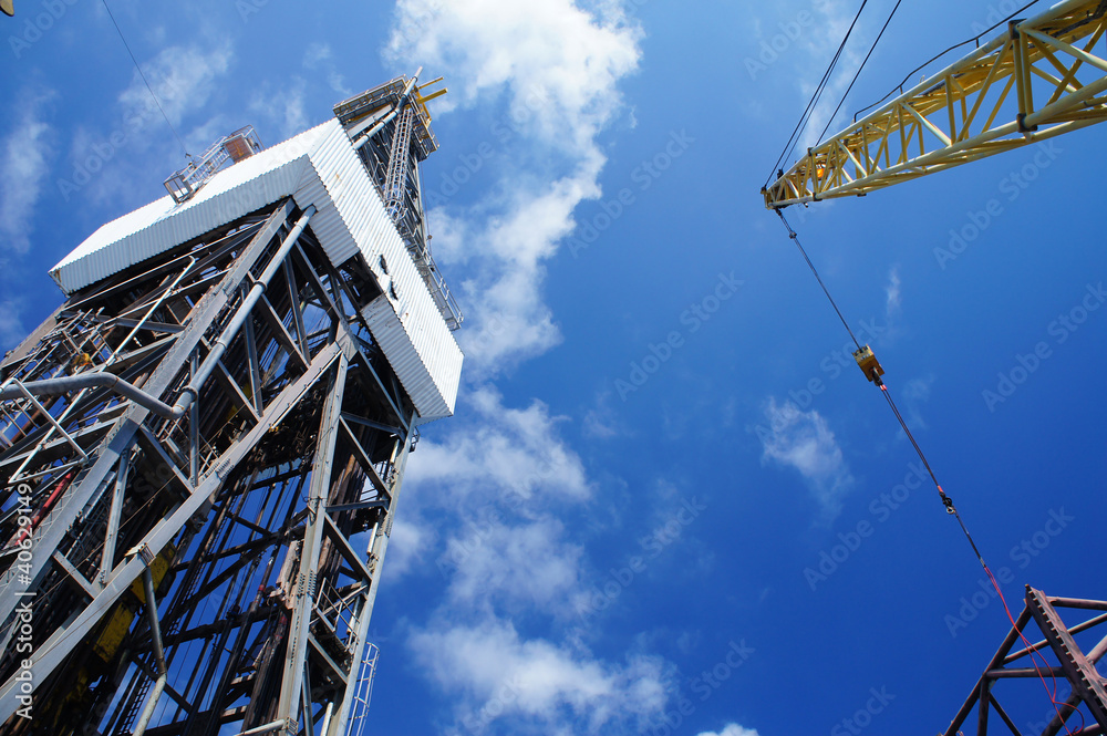 Derick of Offshore Jack Up Drilling Rig And A Rig Crane Stock Photo ...