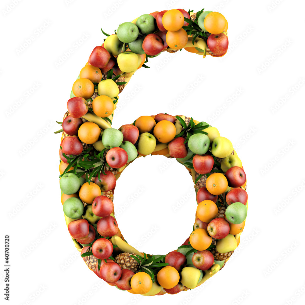 Number six made from 3d fruits. Isolated on a white. Stock Photo ...