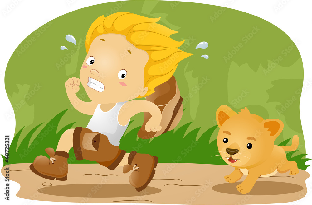 Kid Being Chased by a Lion Cub Stock Vector | Adobe Stock