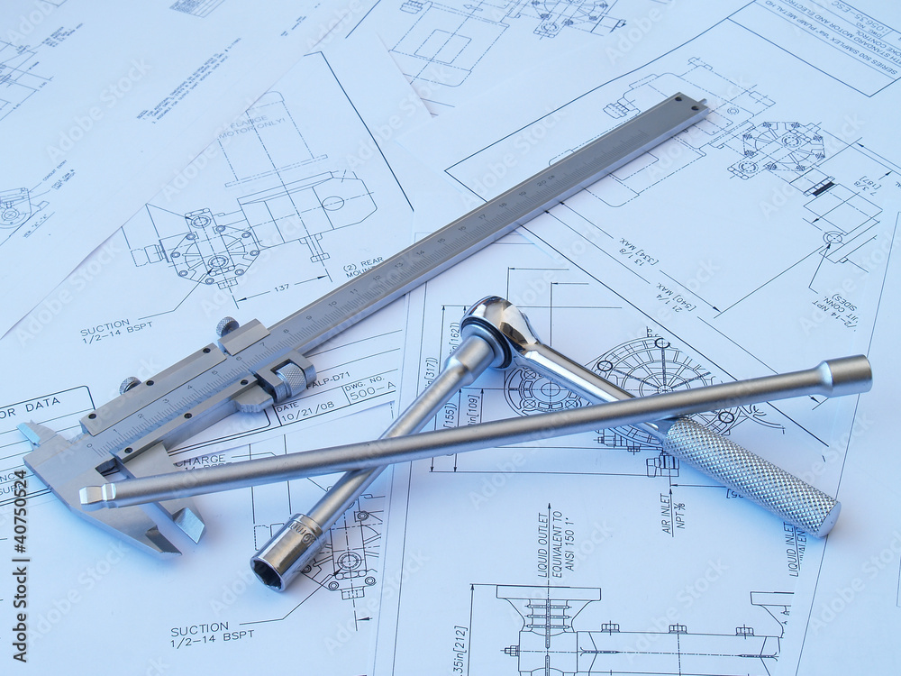 Engineering tools on technical drawing Stock Photo | Adobe Stock