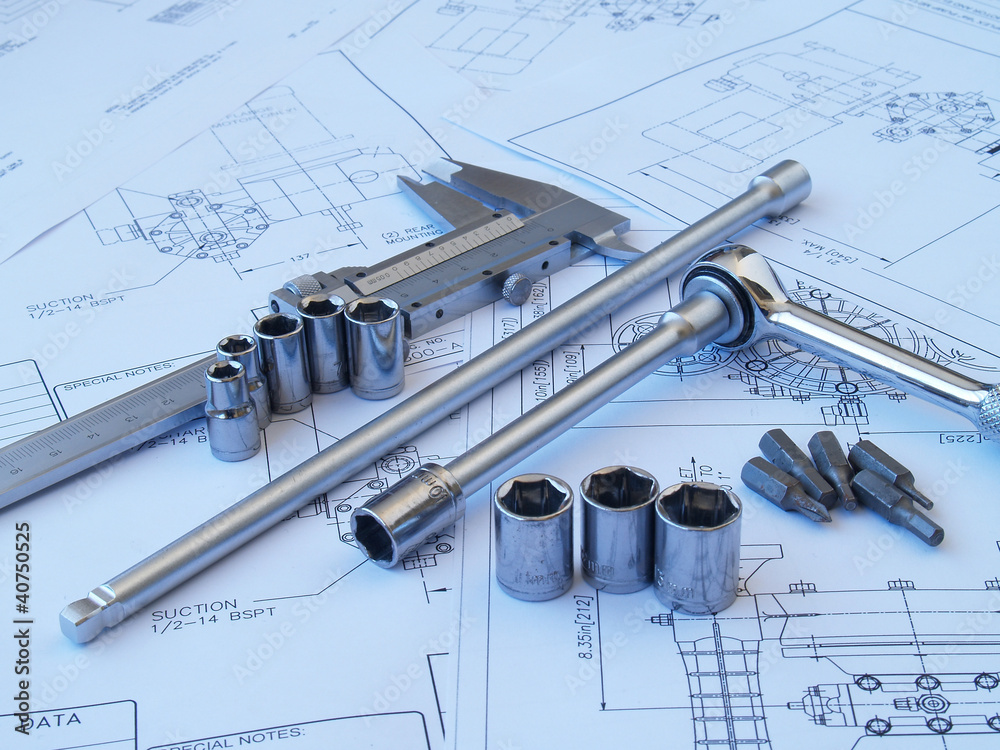 Engineering tools on technical drawing Stock Photo | Adobe Stock
