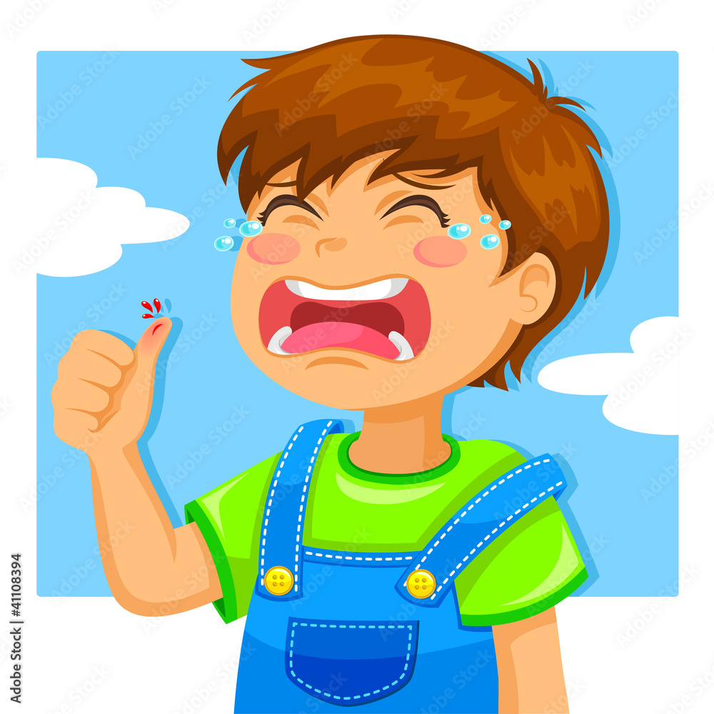 kid crying because of a cut on his thumb Stock Vector | Adobe Stock