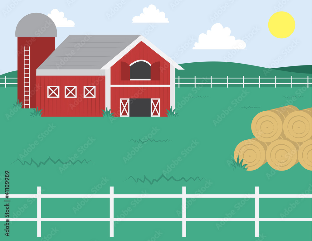 Cartoon farm with barn and white fence Stock Vector | Adobe Stock