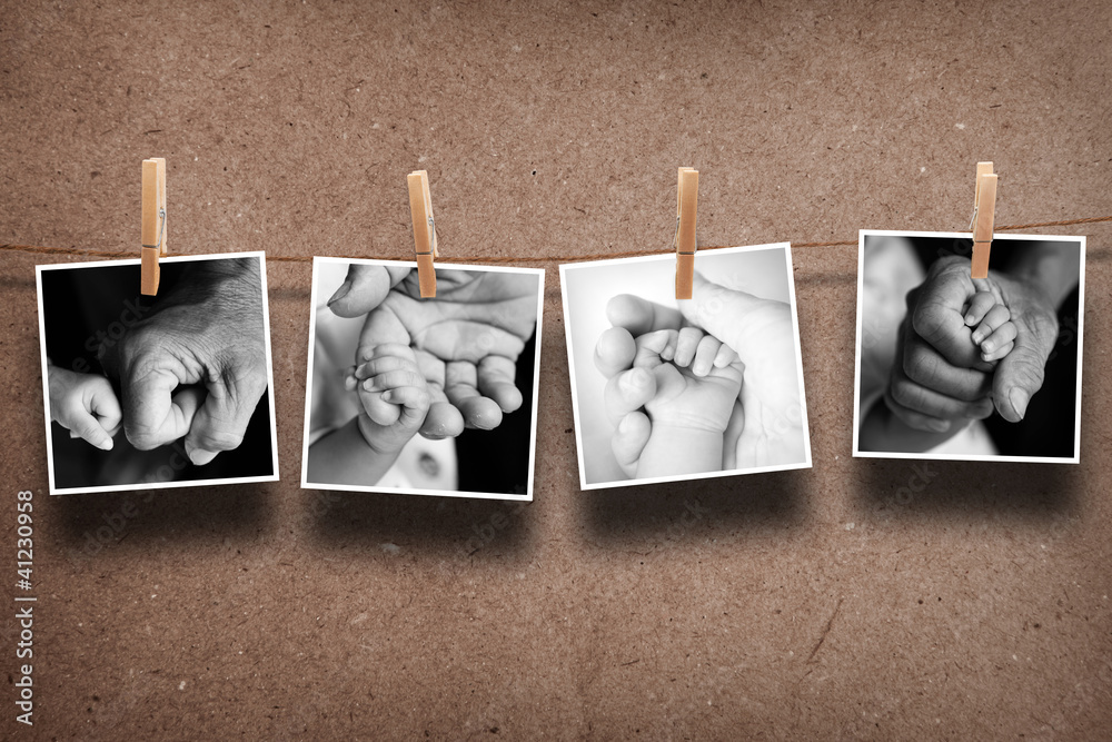 Pictures of parent hand and baby hand hanging on the rope Stock-Foto ...