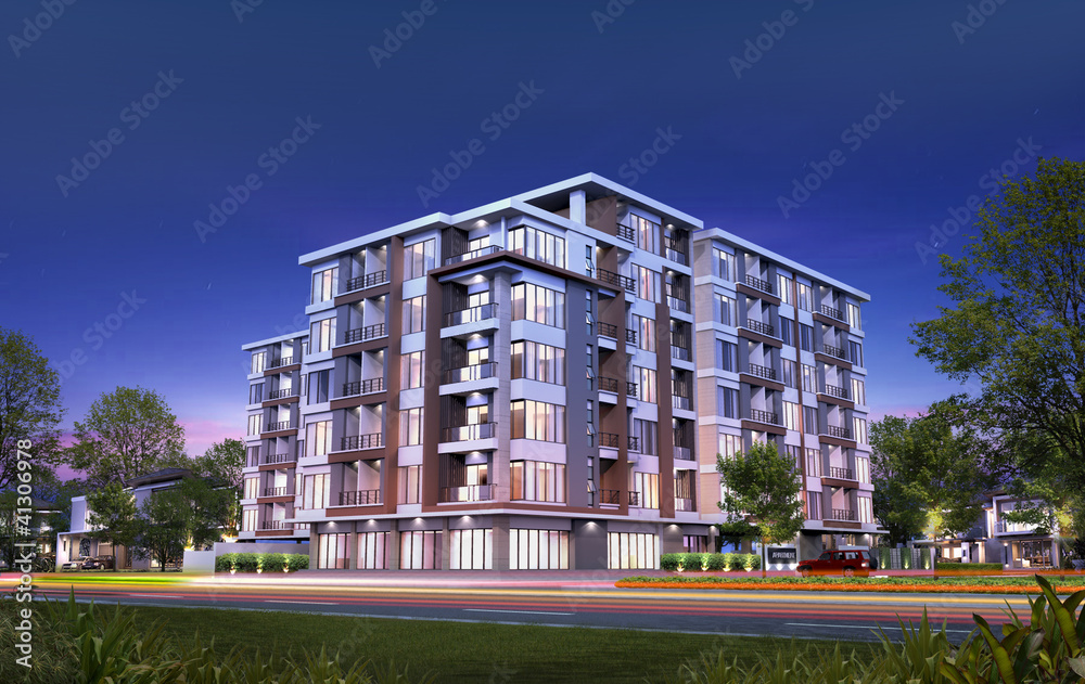 3D render of building tropical modern in night Stock Illustration ...