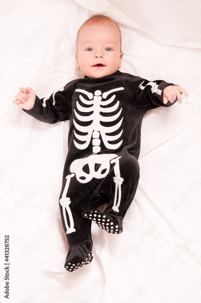 Cute baby portrait in funny skeleton suit isolated on white back Stock ...