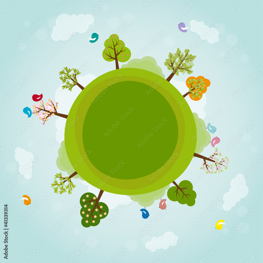 Cartoon earth with trees and birds Stock Vector | Adobe Stock