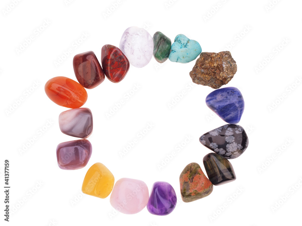 Color spectrum of semiprecious gemstones in circle frame, on whi Stock ...