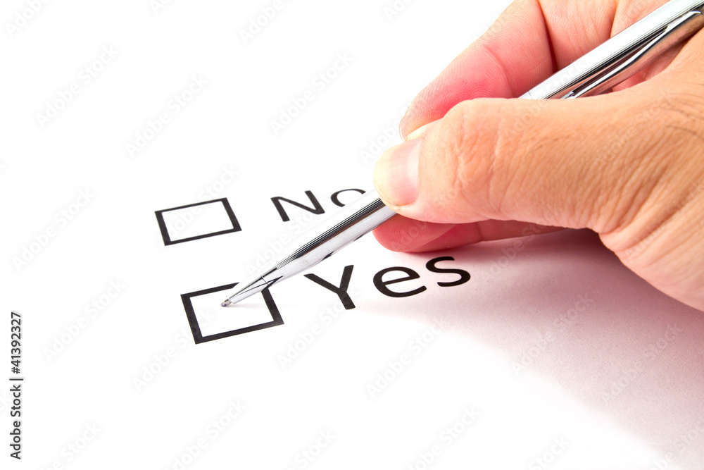 Hand with pen and check boxes isolated on white background Stock Photo ...