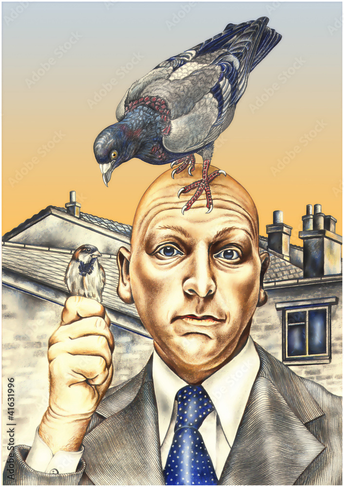 Portrait.Sprichwort.Der Spatz in der Hand ist besser als die Tau Stock ...