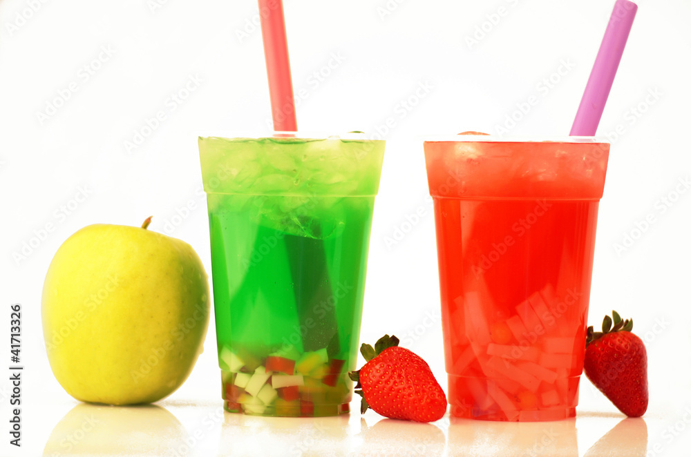 Red and green boba and bubble tea with healthy fruits Stock Photo ...