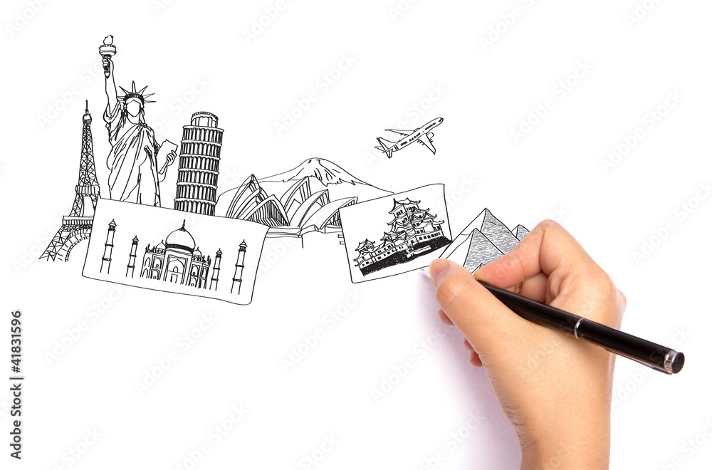 Hand drawing the travel around the world in a whiteboard Stock Photo ...