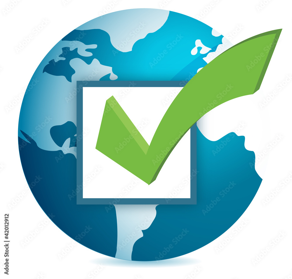 World globe and checkmark over a white background Stock Illustration ...
