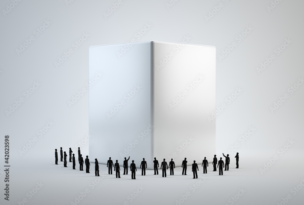 Tiny 3d people standing around a white cube Stock Illustration | Adobe ...