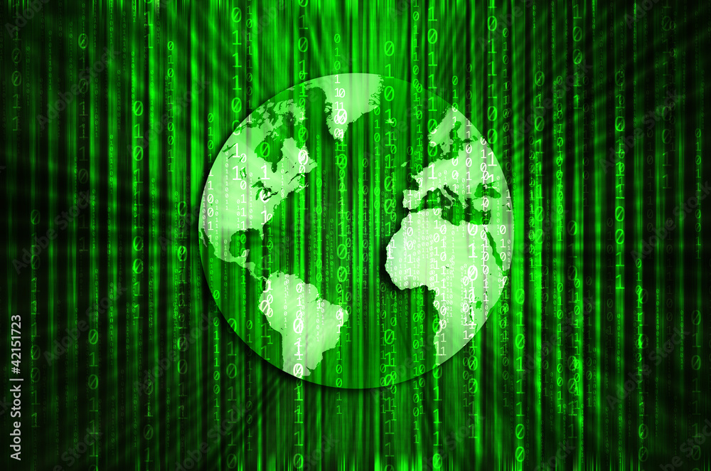Binary matrix with glowing world globe ilustração do Stock | Adobe Stock