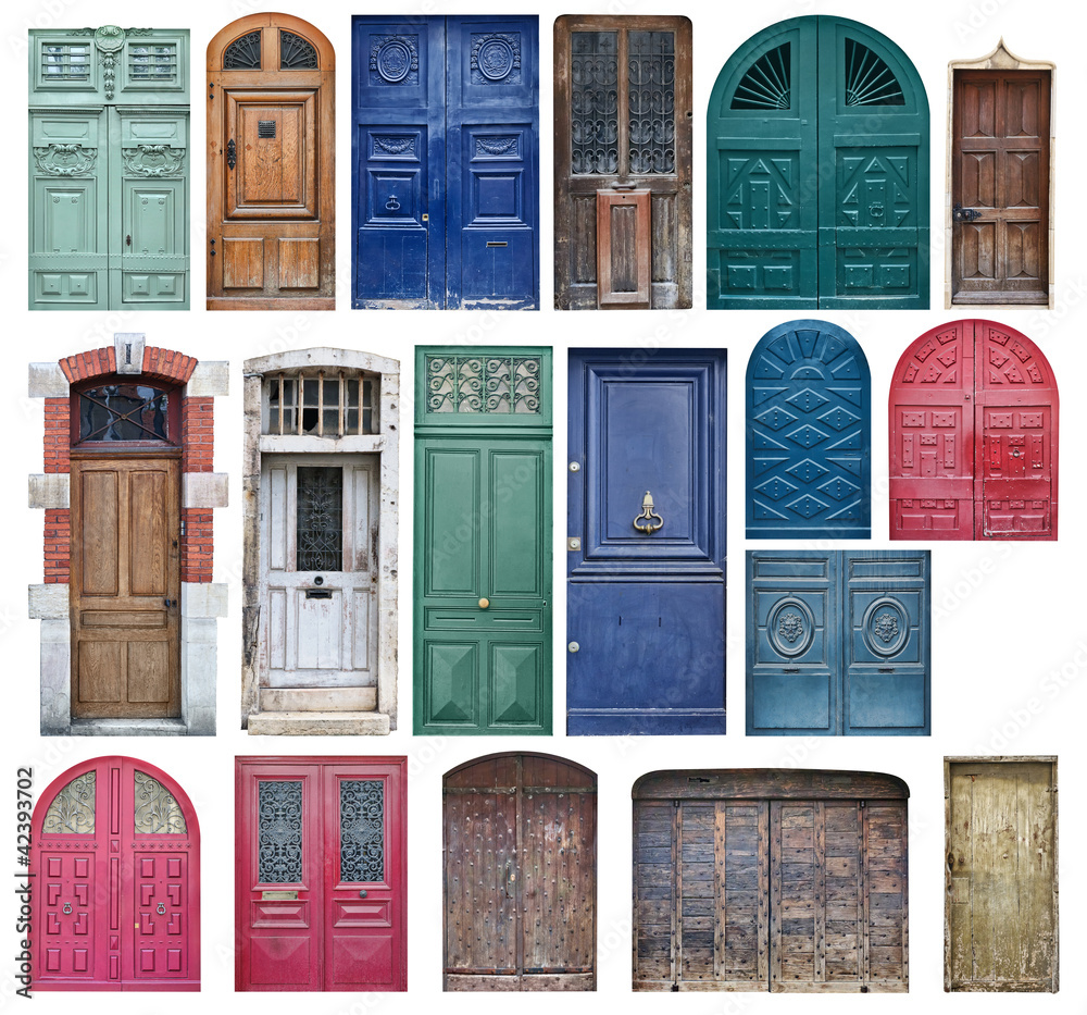 Isolated doors. Collection of old wooden doors of different shapes ...