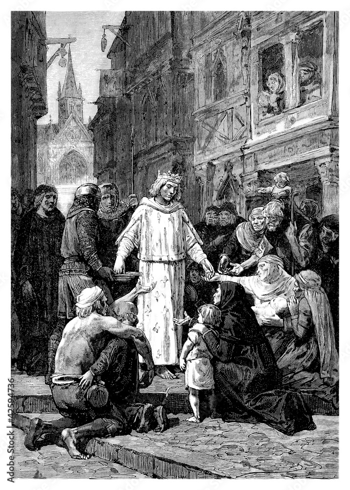 King : Giving alms to poor People - 13th century Stock Illustration ...