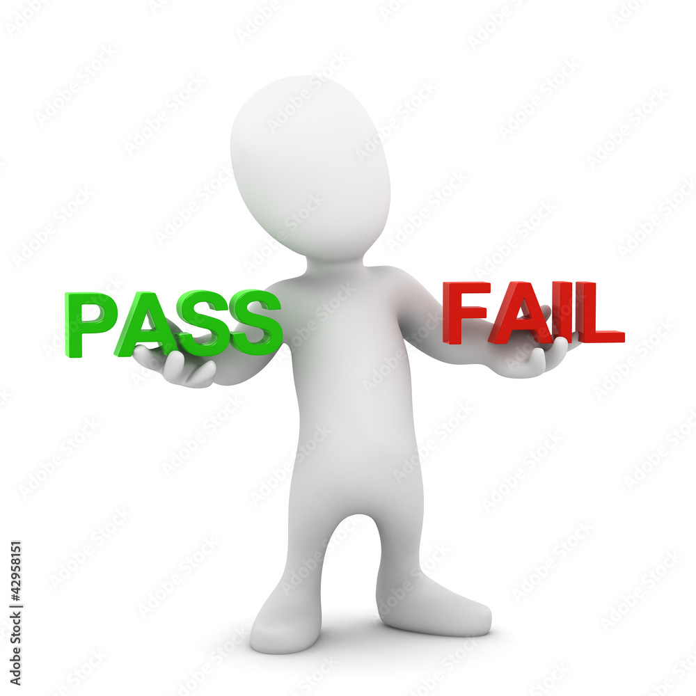 3d Little man choose between pass and fail Stock Illustration | Adobe Stock