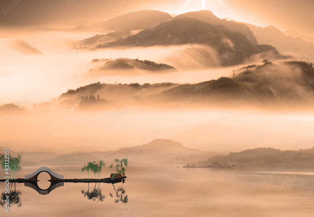 Chinese landscape painting - Sunset of Fisherman Stock Photo | Adobe Stock