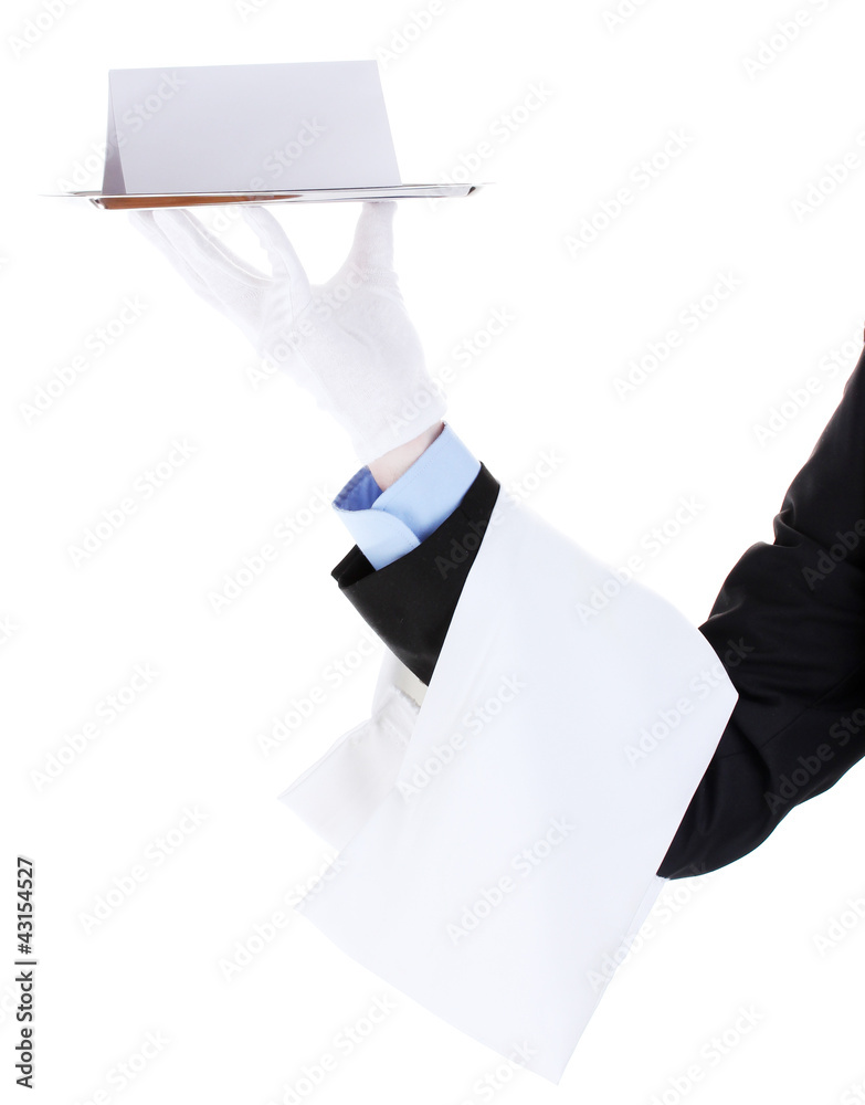 formal waiter with menu on a silver tray isolated on white Stock Photo ...