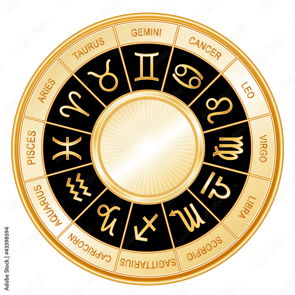 Horoscope Wheel, 12 sun signs of Zodiac, black mandala, labels Stock ...