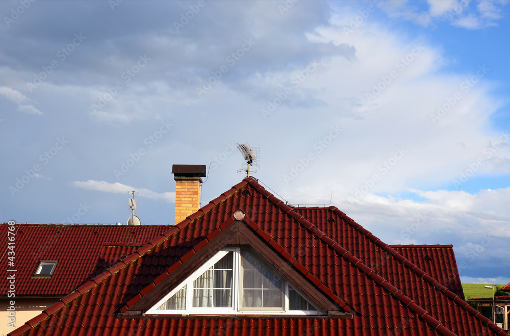 House roof, chimney, pointy window, sky Stock Photo | Adobe Stock