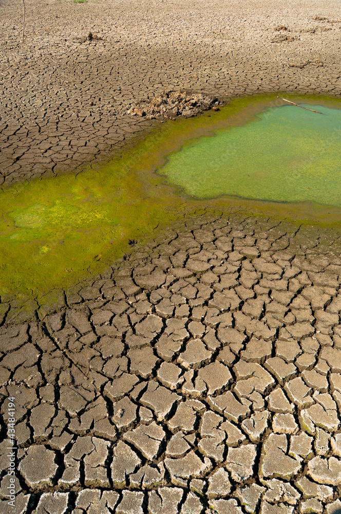 Polluted water and cracked soil of dried out lake during drought Stock ...