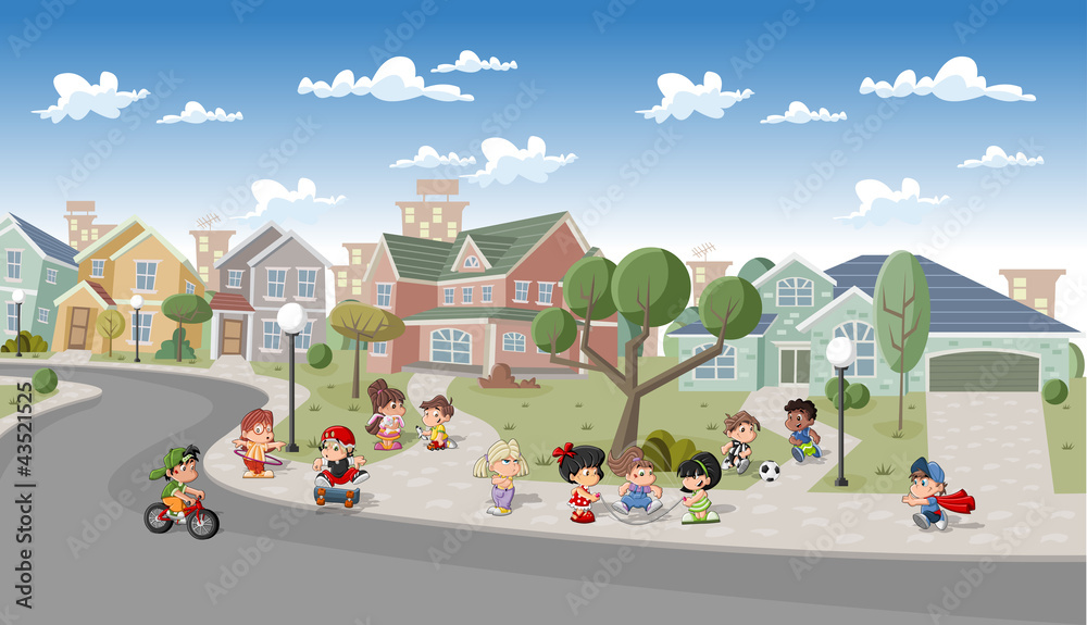 Cute happy cartoon kids playing in the street of a suburb Stock Vector ...