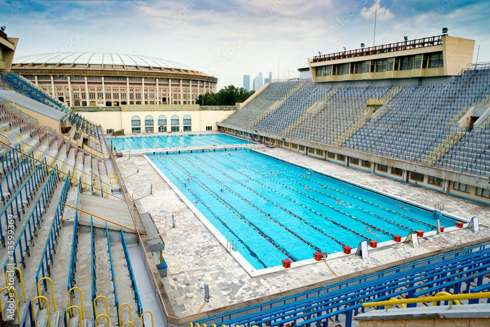 Swimming pool in Moscow, Russia. Old sport stadium in Luzhniki Park ...