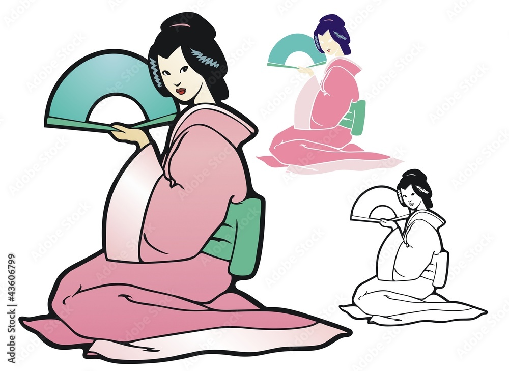 Geisha kneeling with a fan Stock Vector | Adobe Stock