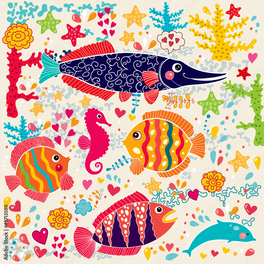 Vector wallpaper with fish and marine life Stock Vector | Adobe Stock